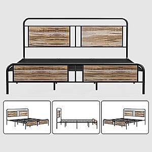 IKIFLY King Bed Frame with Industrial Wood Headboard/Footboard, Heavy Duty Metal Slats Support, Under-Bed Storage, No Box Spring Needed - Wood Brown
