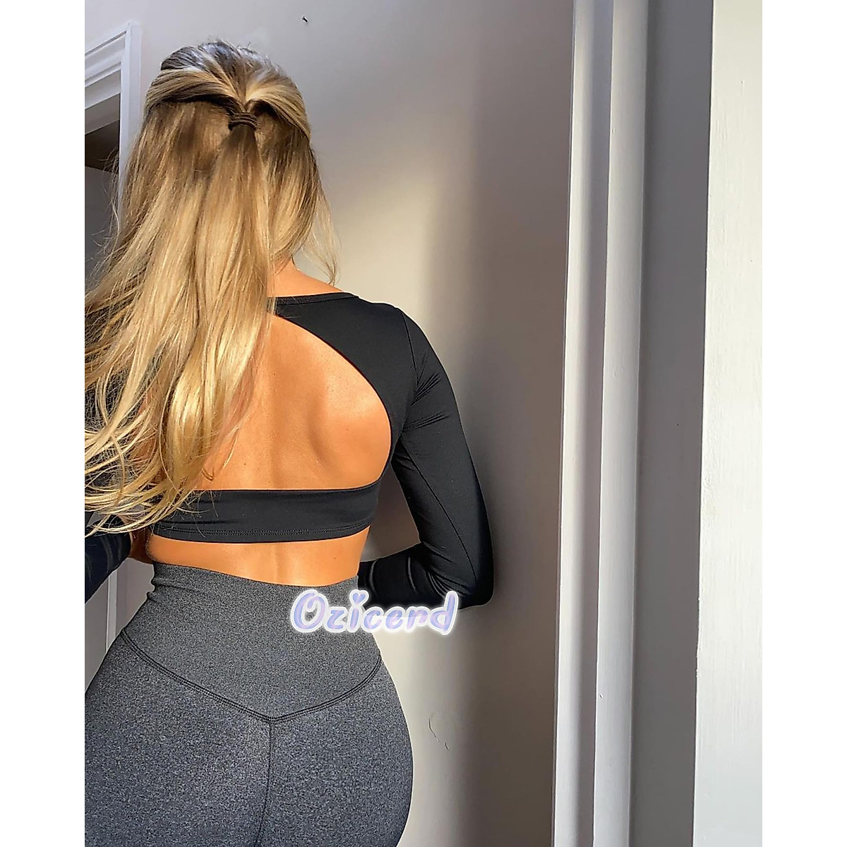 OZICERD Backless Workout Tops for Women Long Sleeve Gym Shirts Open Back Crop Top Cute Going Out Tops Yoga Athletic Tops