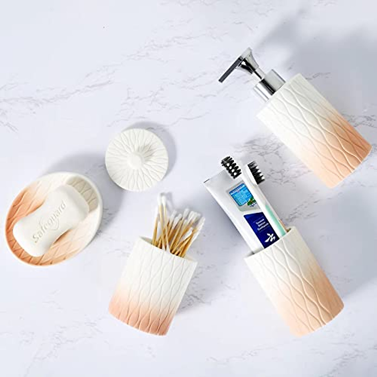 RZCNC Bathroom Accessories Set,Hand-Carved Lines Ceramic Bathroom Set. 4 Piece Boho Bathroom Decor.New Apartment Essentials. Modern Toothbrush Holder and Soap Dispenser. Premium Orange