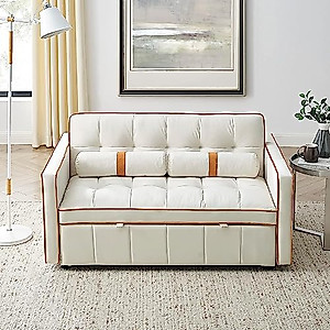 ERYE Modern Loveseat Convertible Sleeper Couch Bed, Upholstered Futon Sofabed for Living Room,2 Seater Comfy Love Seat Daybed Sofas, Beige Twin Velvet Tufted 2 Cylinder Pillows Multi-Pockets B