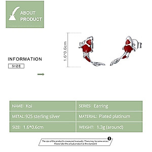 Qings Koi Fish Red Carp Stud Earrings for Women Exquisite 925 Sterling Silver Platinum Plated Inlaid with Shining Zircon