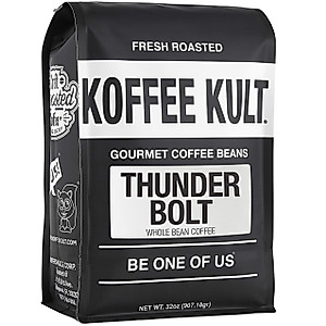 Koffee Kult Thunder Bolt Dark Roast Coffee Beans, Whole Bean, Fresh Roasted, 100% Arabica Robust Blend of Colombian And Brazil Whole Beans Bulk 32oz