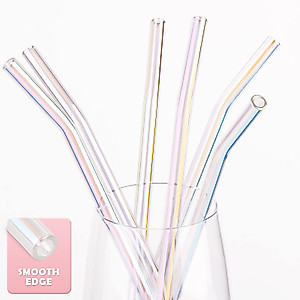 NiHome Reusable Glass Drinking Straws Clear 12-Pack, 8"x0.3" Set of 6 Straight and 6 Bent with 2 Cleaning Brushes for Milkshakes, Frozen Drinks, Smoothies, Eco-Friendly Dishwasher Safe