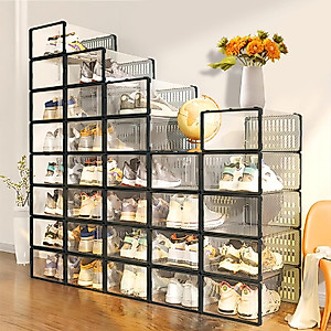 AISNDYOG Shoe Storage Box, 15 Pack Large Clear Plastic Black Stackable Shoe Organizer for Closet, Space Saving Foldable Shoe rack,Substitute for Drawer Organize Unit