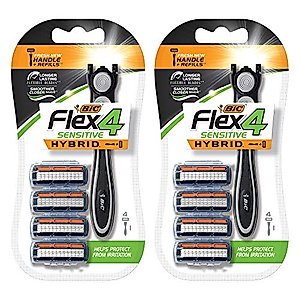 BIC Flex 4 Sensitive Hybrid Titanium Men's Disposable Razors, For a Smooth, Ultra-Close and Comfortable Shave, 8 Cartridges and 2 Handles, 10 Piece Razor Set