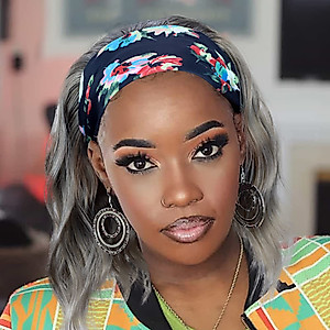 SYMEIW Silver Grey Wavy Headband Wig For Black Women Curly Half Wigs With Headband Attached Synthetic Wrap Wigs Turban Wigs For Women(Gray)…