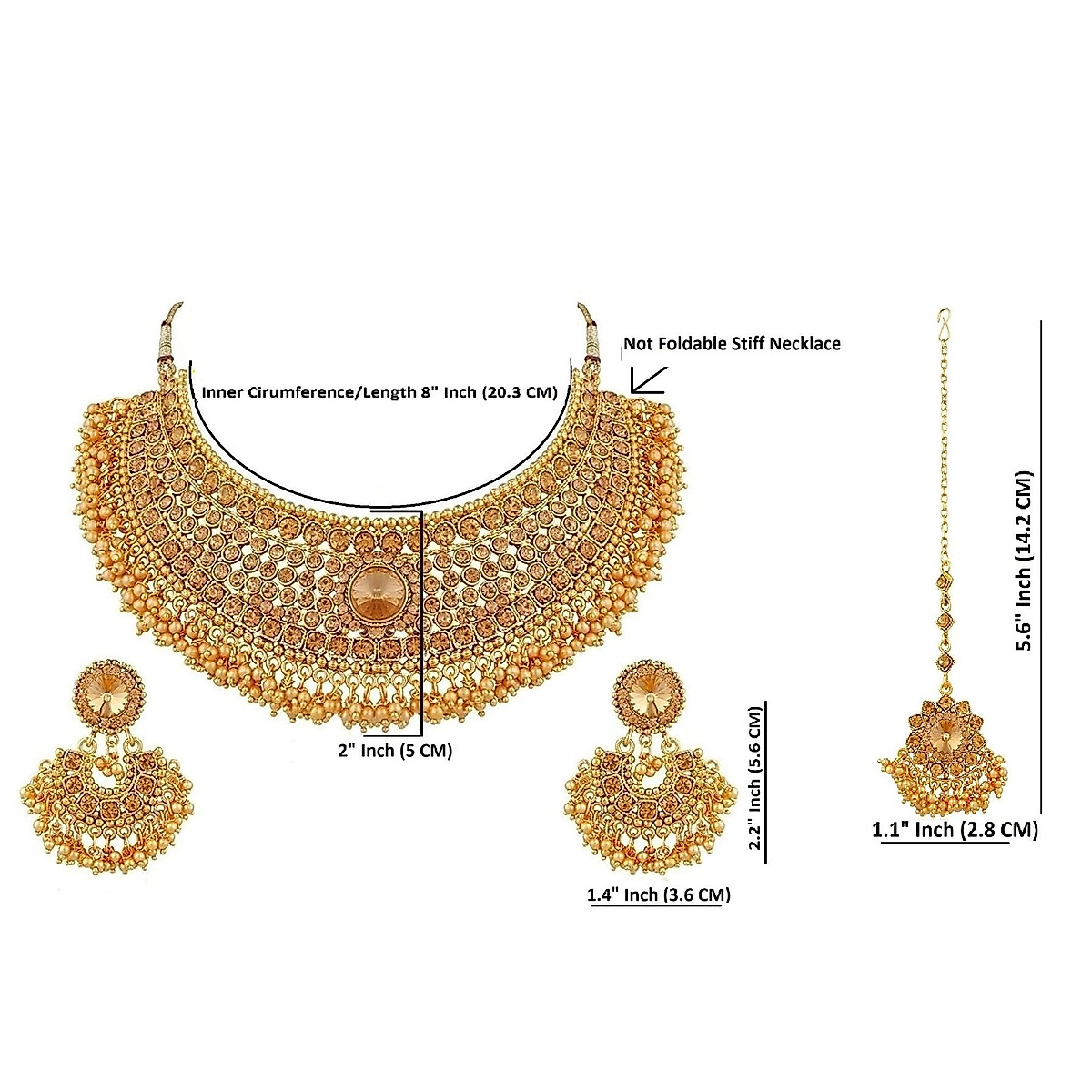 Efulgenz Indian Jewelry Sets for Women Gold Tone Indian Bollywood Traditional Crystal Pearl Wedding Choker Necklace Earrings Maang Tikka Jewelry Set Indian Bridal Jewelry