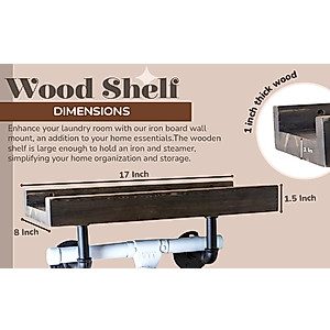 Ironing Board Holder Wall Mount - Heavy Duty Wood Shelf w/Metal Pipe Brackets - Hanging Ironing Board - Farmhouse Style Ironing Board Hanger - Wall Mounted Ironing Board - Iron Board Wall Mount