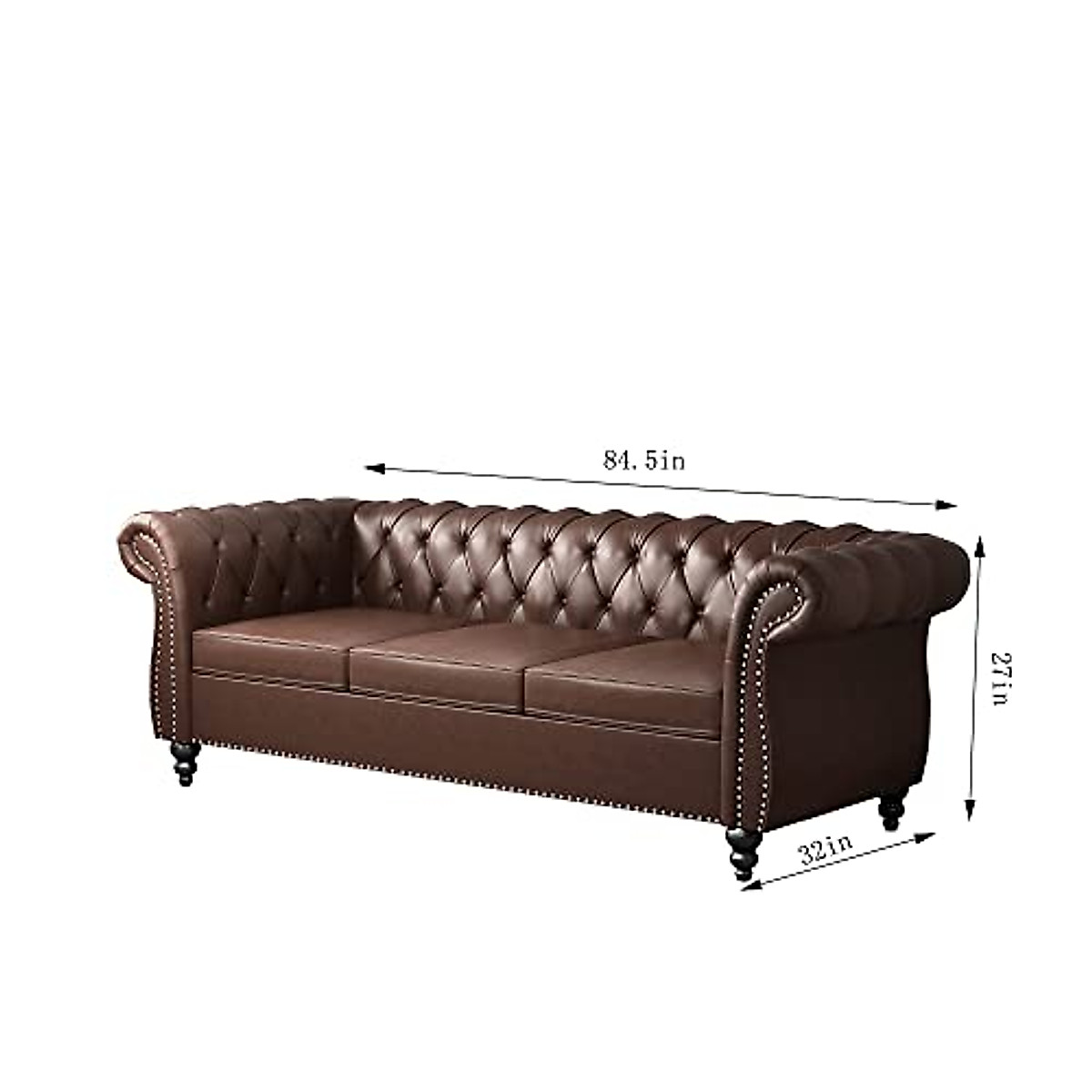 wirrytor Chesterfield Classic Sofa, Modern Leather 3 Seater Sofa, Upholstered Tufted Back Settee Couch with Rolled Arms Nailhead Trim for Living Room Bedroom(Dark Brown)
