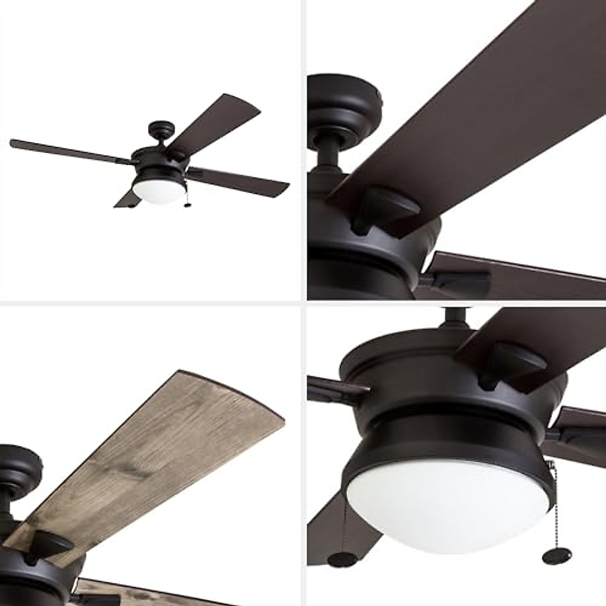 Prominence Home Auletta, 52 Inch Contemporary Indoor Outdoor Ceiling Fan with Light, Pull Chain, Dual Mounting Options, Dual Finish Blades, Reversible Motor - 50345-01 (Matte Black)
