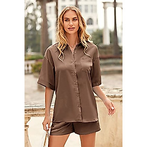 PRETTYGARDEN Women's 2 Piece Satin Pajama Sets Short Sleeve Button Down Tops And Shorts Set 2023 Summer Pjs Silk Sleepwear (Brown,Small)