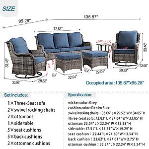 6 Piece Outdoor Patio Furniture Set Wicker Conversation Bistro Set Swivel Rocking Chairs with Side Table and Ottomans for Backyard, Porch, Balcony,Grey Wicker Denim Blue