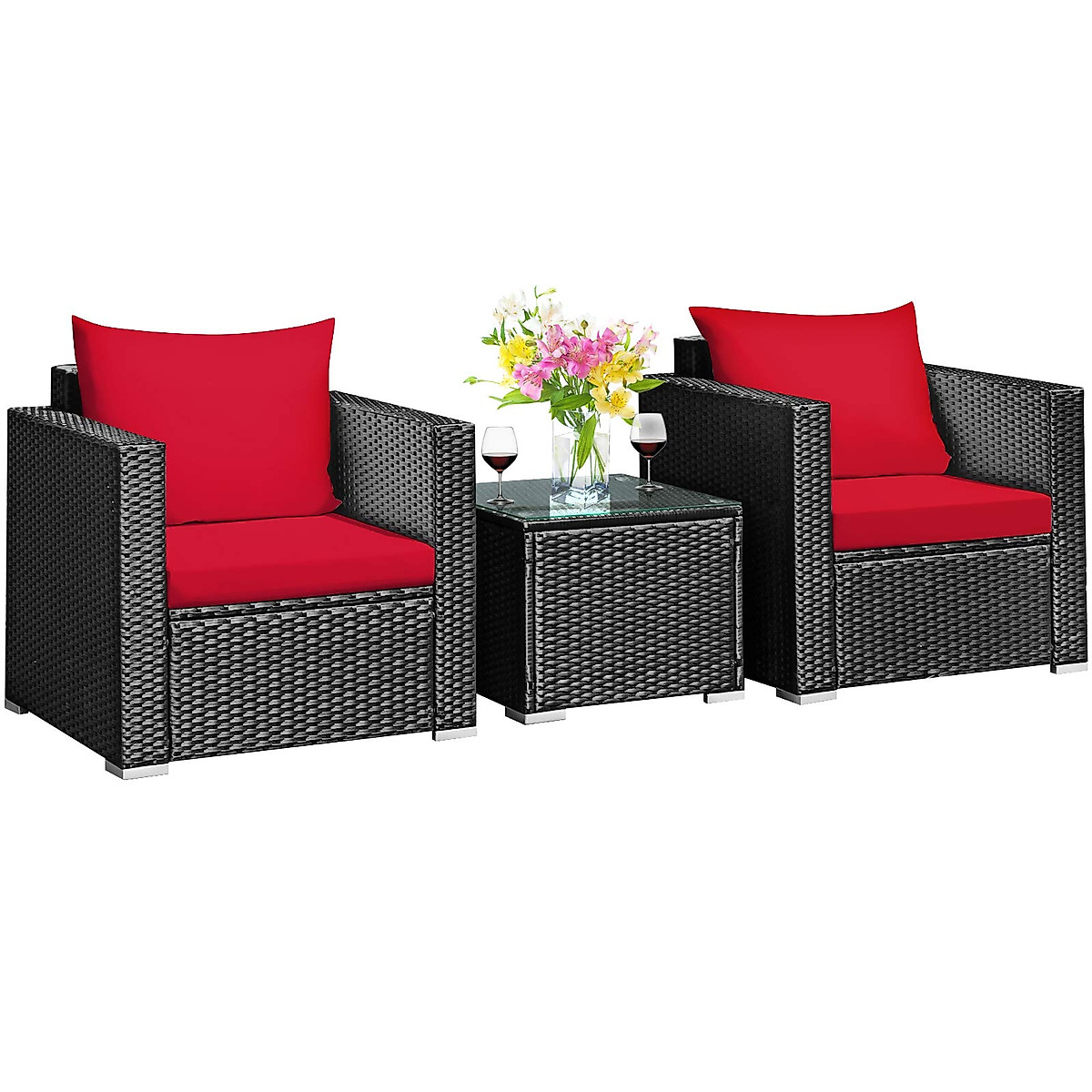 Tangkula 3 Pieces Patio Furniture Set, PE Rattan Wicker Sofa Set w/Washable Cushion and Tempered Glass Tabletop, Outdoor Conversation Furniture for Garden Poolside (Red)