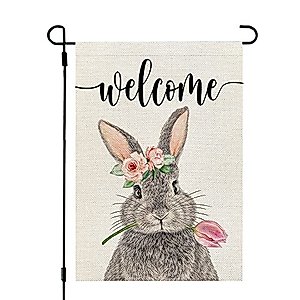 CROWNED BEAUTY Easter Grey Bunny Garden Flag 12x18 Inch Double Sided for Outside Burlap Small Welcome Yard Holiday Flag CF702-12