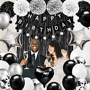 Black and White Birthday Party Decorations,Happy Birthday Decorations for Men Women Boys Girls Including Happy Birthday Banner,Fringe Curtains,Pompom Flower,Black and silver party decorations
