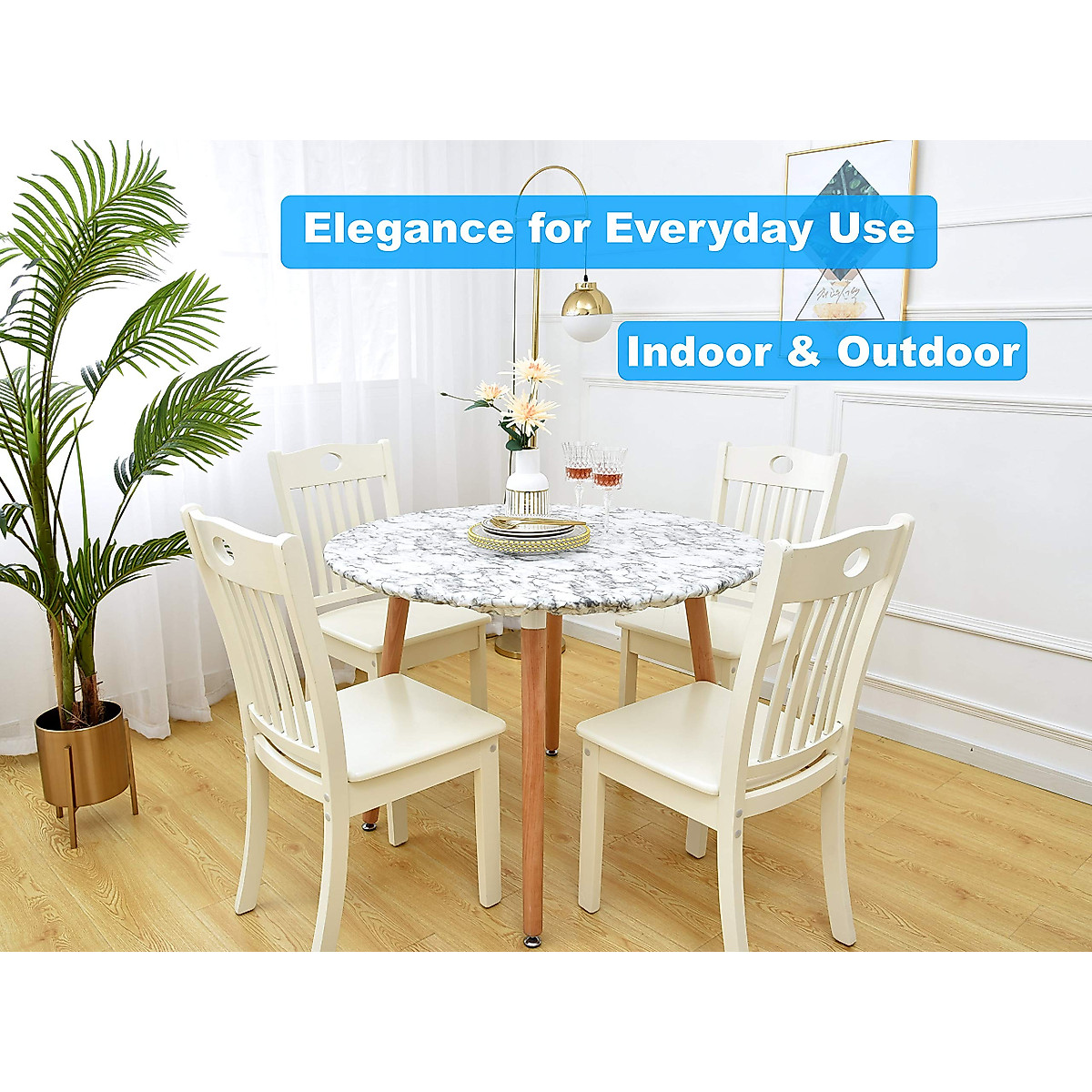 Rally Home Goods Indoor Outdoor Patio Round Fitted Vinyl Tablecloth, Flannel Backing, Elastic Edge, Waterproof Wipeable Plastic Cover, White Marble Pattern for 10-Seat Table of 57-72’’ Diameter