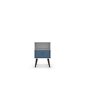 Manhattan Comfort Liberty Collection Mid Century Modern Nightstand With One Open Shelf and One Drawer, Splayed Legs, White/Blue