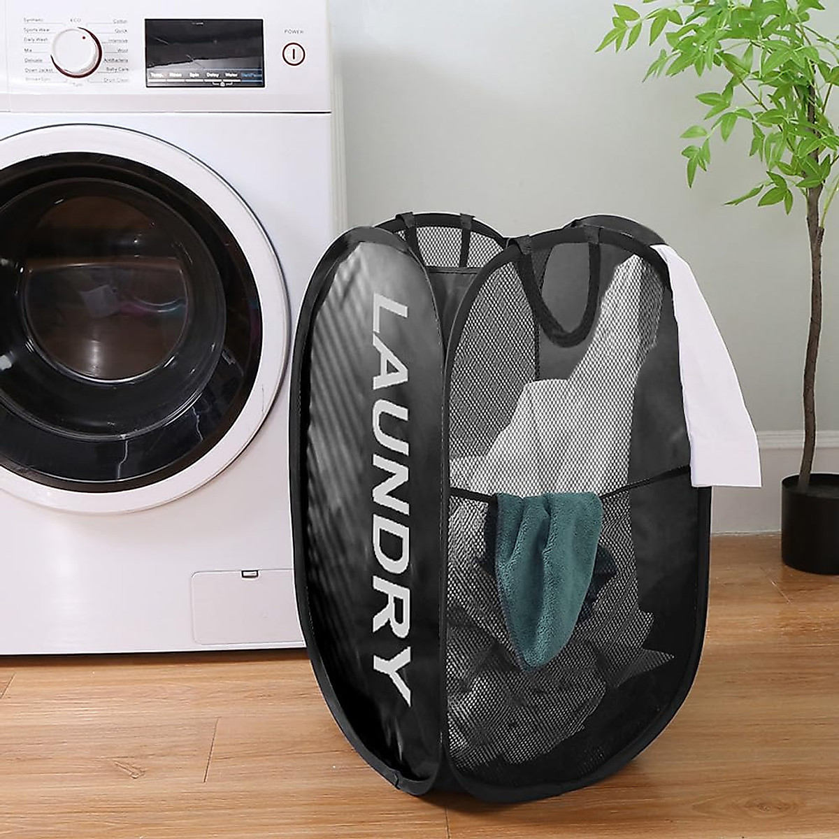 Buenod Pop Up Laundry Hampers, Collapsible Mesh Laundry Baskets, 2 Pack Clothes Hampers Storage Baskets for Home, Dorm, Travel (Black)