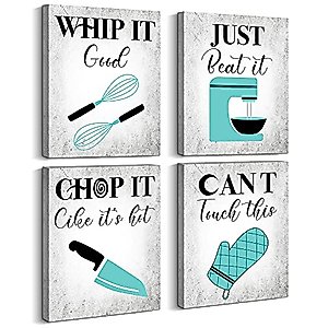 ARTINME Teal Kitchen Quotes Wall Art - Set of 4 Retro Vintage Inspirational Canvas Poster Prints Sign For Dining Room cafe and Restaurant Home Decorations