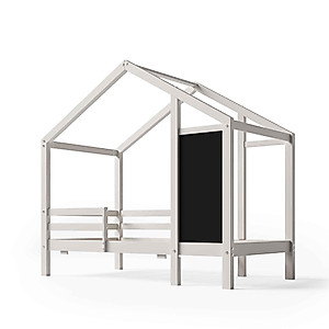 ATY Twin Size Platfrom Bed with Two Storage Drawers and Blackboard Design, Solid Wood House Shaped Bedframe w/Roof, Save Space & No Box Spring Needed, for Kids Bedroom, Dorm, White