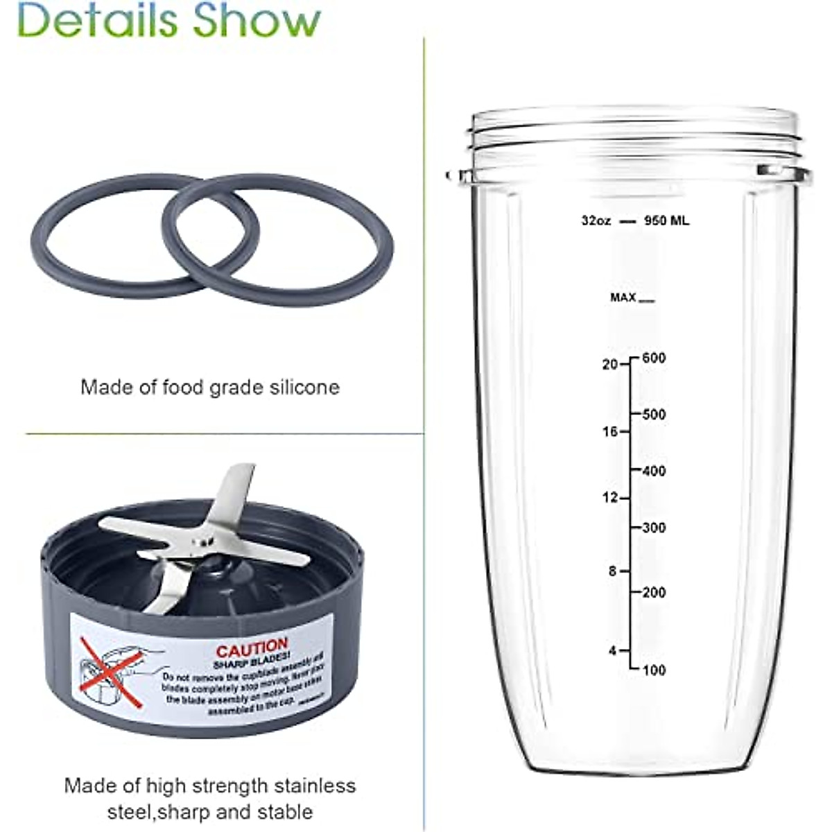 New Blender Cup and Blade Replacement Parts 32oz Cup and Extractor Blade and 2 Rubber Gaskets 4-Piece Compatible with NutriBullet High-Speed Blender/Mixer System 600W/900W Series