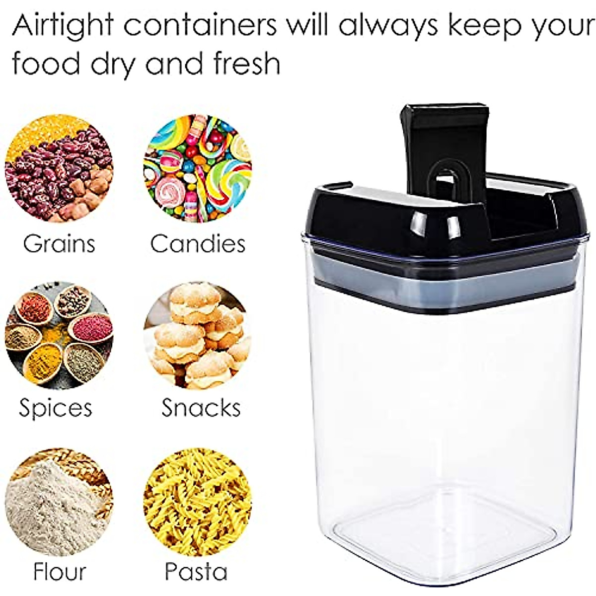 Airtight Food Container - 7 PC BPA Free Plastic Food Storage Containers with Easy Lock Lids - Stackable Sugar, Flour, Cereal & Beans Containers with Labels & Marker included (Lid Black)