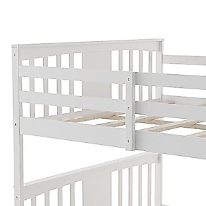 CITYLIGHT Floor Full Over Full Bunk Beds, Wooden Low Full Over Full Bunk Bed for Kids, Toddler Full Bunk Bed for Girls Boys Teens’ Bedroom or Dorm （Full,White）