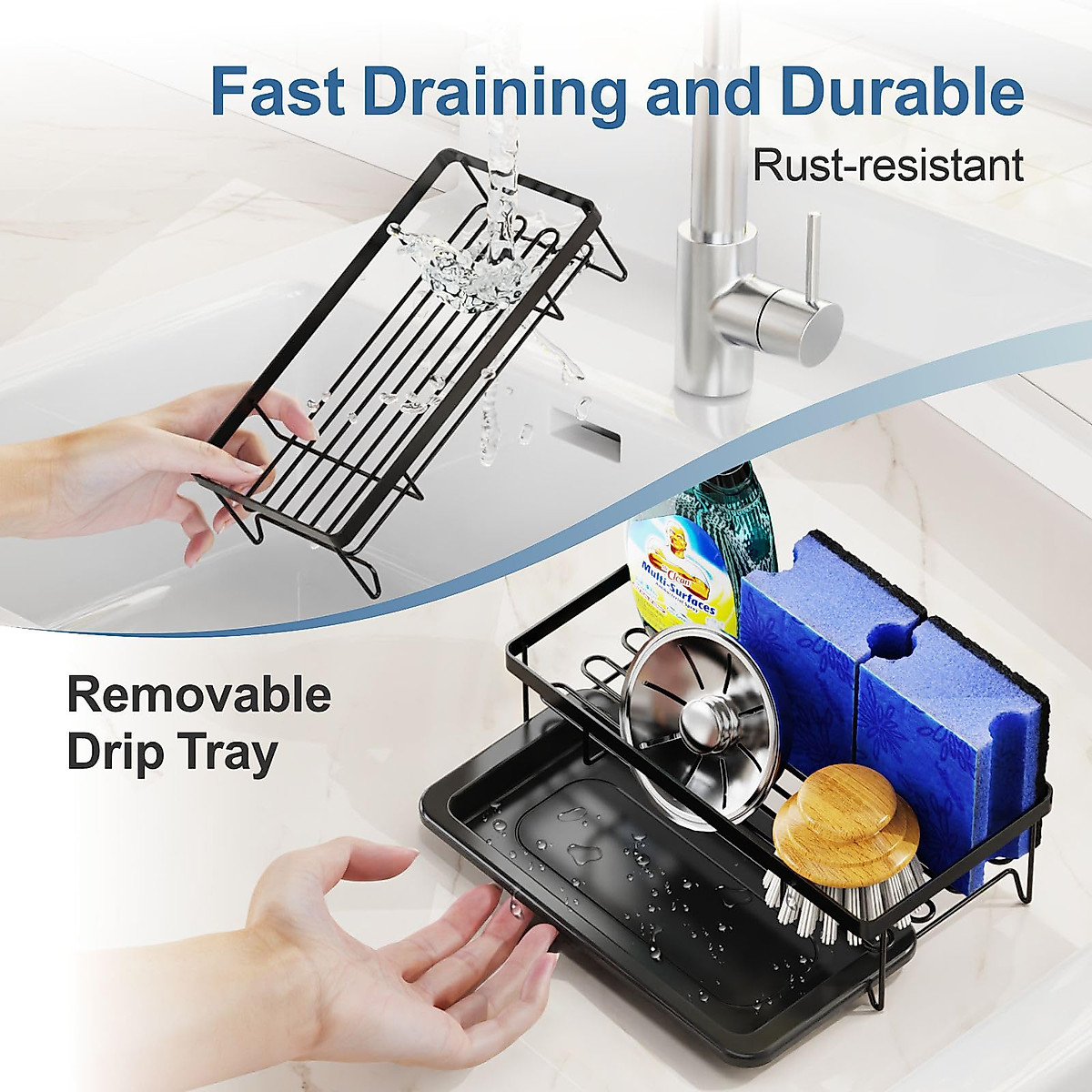 GSlife 2 in Set of Dish Drying Rack and Sink Caddy - Dish Rack for Kitchen Counter with Slots, Utensil Holder, Cup Holder, Cutting Board Holder, Black