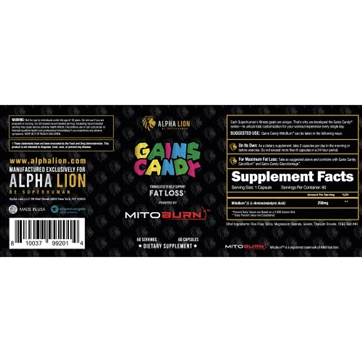 ALPHA LION Gains Candy, Supplement Pills That Support Weight Loss, Appetite Suppressant, Keto-Diet Friendly, Decrease Body Fat, Upgrade Energy & Workout Performance, 60 Capsules (MitoBurn®)
