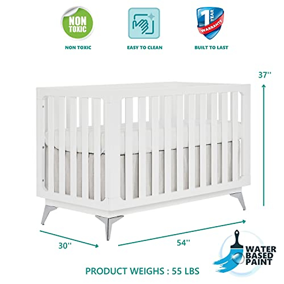 Dream On Me Ultra Modern 4-in-1 Convertible Crib in White, Greenguard Gold Certified, 3 Mattress Height Settings, Fixed Stationary Side Rails, Wooden Furniture