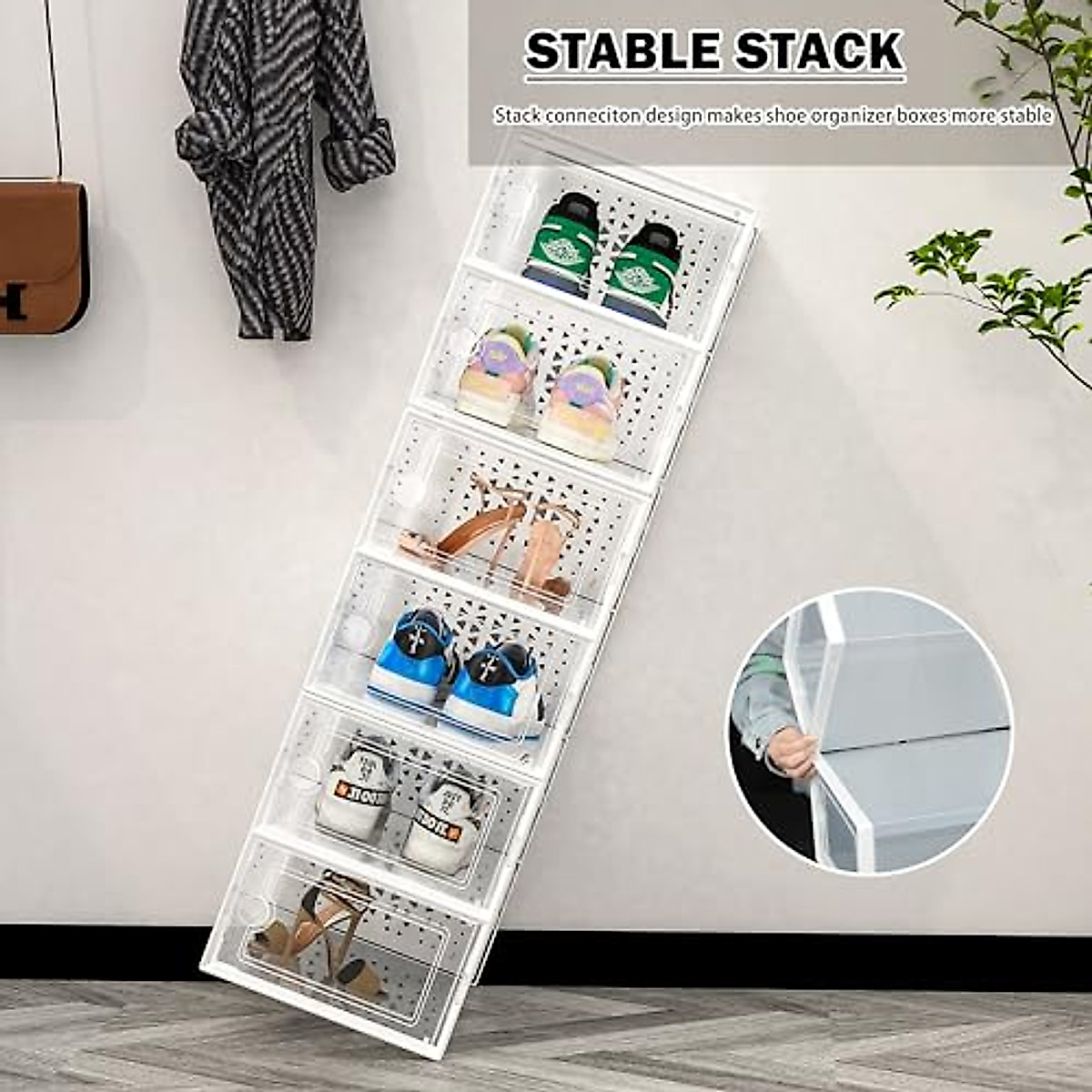 Hrrsaki Large 12 Pack Shoe Storage Organizer Boxes, Shoe Boxes Clear Plastic Stackable, Shoe Organizer for Closet, Plastic Shoe Boxes with Lids, Shoe Containers for Entryway, Bedroom, White