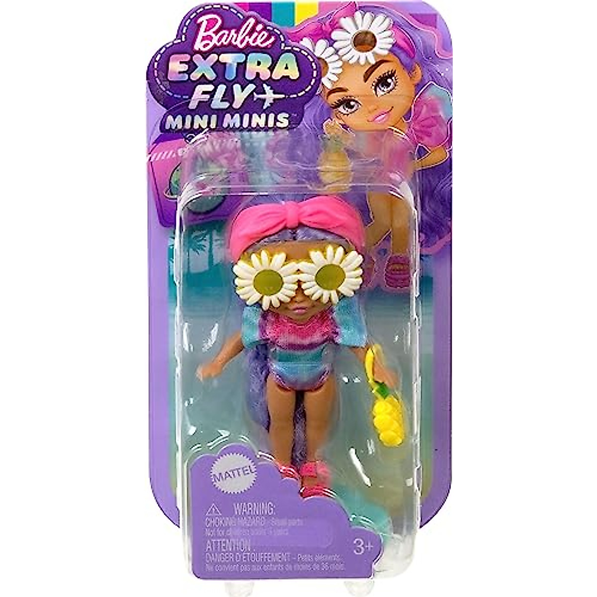Barbie Extra Mini Minis Travel Doll with Beach Fashion, Tie-Dye Swimsuit and Tropical Accessories, Barbie Extra Fly Small Doll