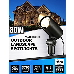 SUNVIE 30W Spot Lights Outdoor LED Spotlight 120V 3000LM Ultra Bright Flag Pole Light with Metal Stake, Warm White Flood Light Landscape Lighting for Yard Flag Tree Garden, 6 FT Cord with Plug, 2 Pack