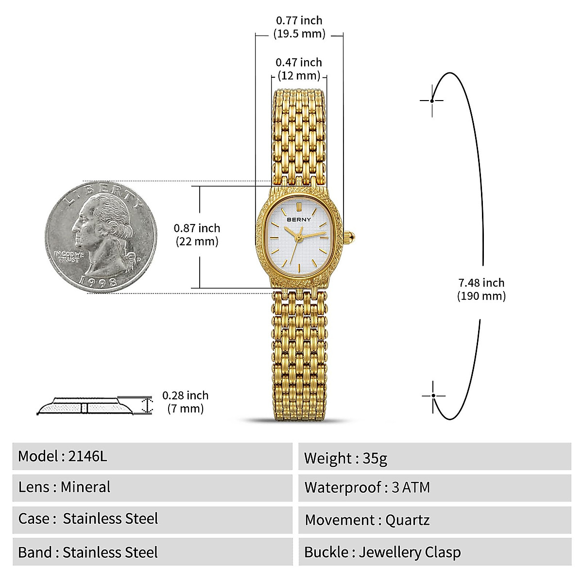 BERNY Gold Watches for Women Vintage Bracelet Wrist Watch Luxury Small Ladies Oval Quartz Watch with Tools Included(White Dial)