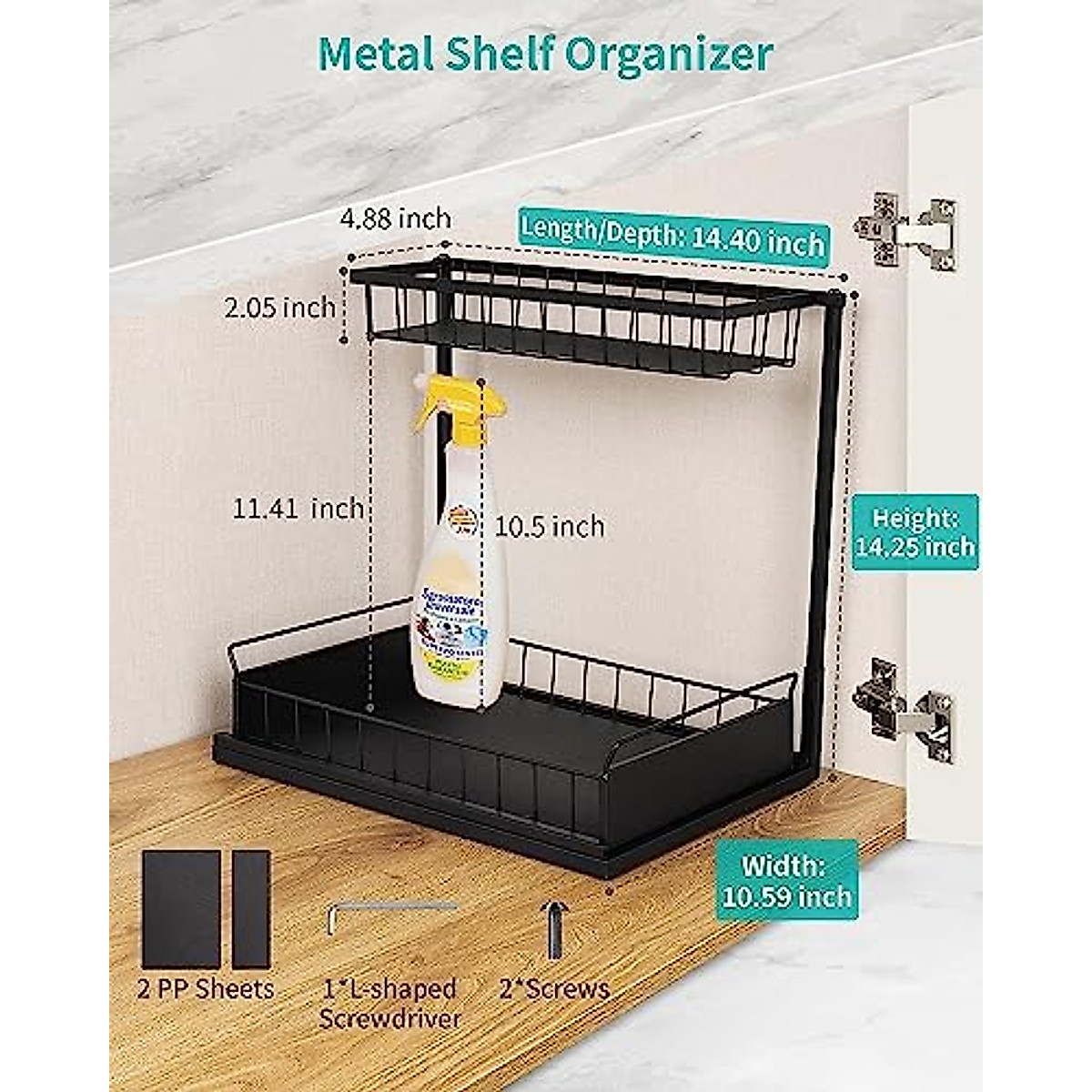 Under Sink Organizers,2-Tier Under Sink Organizers and Storage,Drill-Free Rustproof Stainless Steel Pull Out Shelf with Non-Slip Feet for Kitchen Bathroom, Black