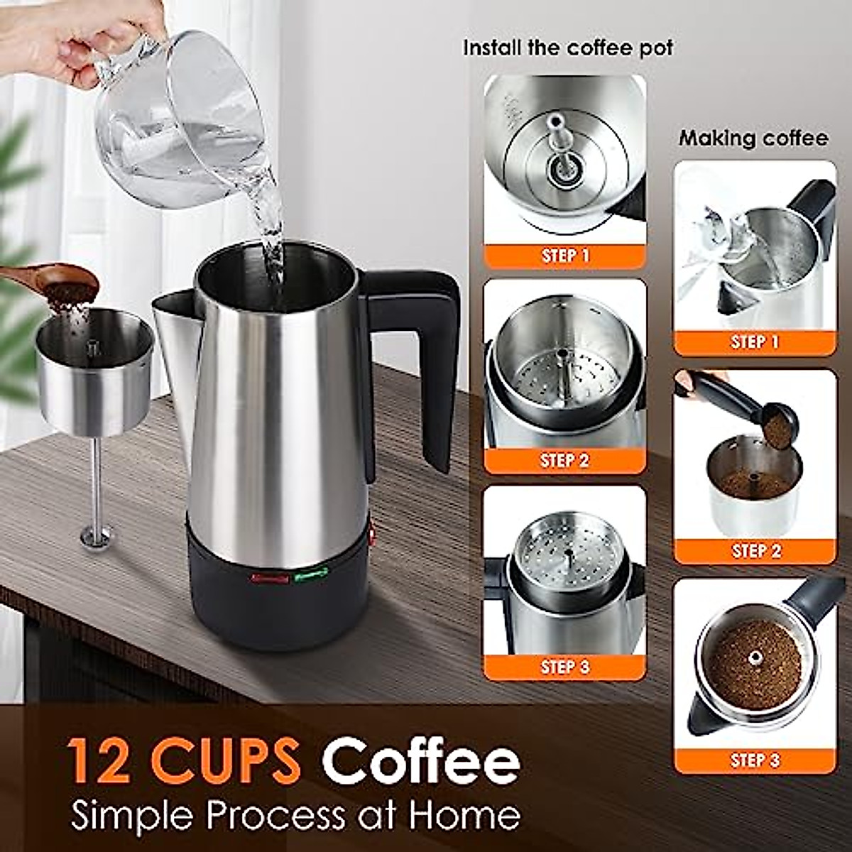 HOMOKUS Electric Coffee Percolator 12 CUPS Percolator Coffee Pot, 800W Percolator Coffee Maker Stainless Steel with Clear Knob Cool-touch Handle, Silver Coffee Pot Percolator Auto Keep Warm Function