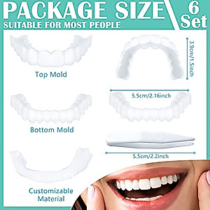 6 Set Fake Teeth Temporary Denture Teeth Veneer Snap in Teeth Confidence Smile Dentures Veneers Fake White Teeth with Mini Tweezers for Men and Women Bad Teeth Whitening Alternative