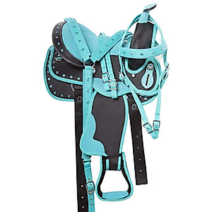 Acerugs 10" 12" 13" Synthetic Western Youth Kids SEAT Quarter Horse Saddle TACK PAD Headstall REINS Breast Collar Set (Turquoise, 12")