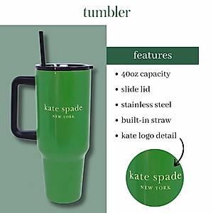 kate spade new york 40 Ounce Tumbler with Handle and Straw, Cupholder Friendly, Double Wall Stainless Steel Insulated Cup, Green