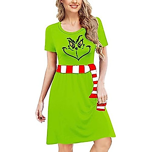 Womens Christmas Green Monster Dress Halloween Grinch Costume Dresses Fancy Flare Dress XL