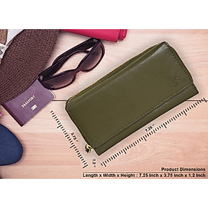 Womens Leather Wallet Rfid Blocking Zip Around Clutch 2 ID Window With 32 Slots | Real Smooth Genuine Leather Wallet | Multiple Card Holder | Compact Premium Best Handmade Gift | Olive Green