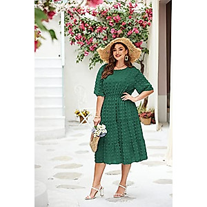 IN'VOLAND Womens Chiffon Elegant Plus Size Dresses Swiss Dot Babydoll Short Sleeve Party Midi Dress Dark Green