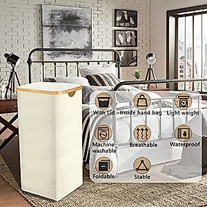 Large Laundry Basket with Lid, Beige 100 L Laundry Hamper with Bamboo Handles, Portable Clothes Hamper for Bathroom, Bedroom, Toy Room, Freestanding Collapsible Laundry Baskets