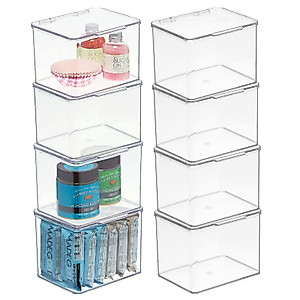 mDesign Plastic Kitchen Pantry and Fridge Storage Organizer Box Containers w/Hinged Lid for Shelves or Cabinets, Holds Food, Snacks, Seasoning, Condiments, Utensils, Lumiere Collection, 8 Pack, Clear