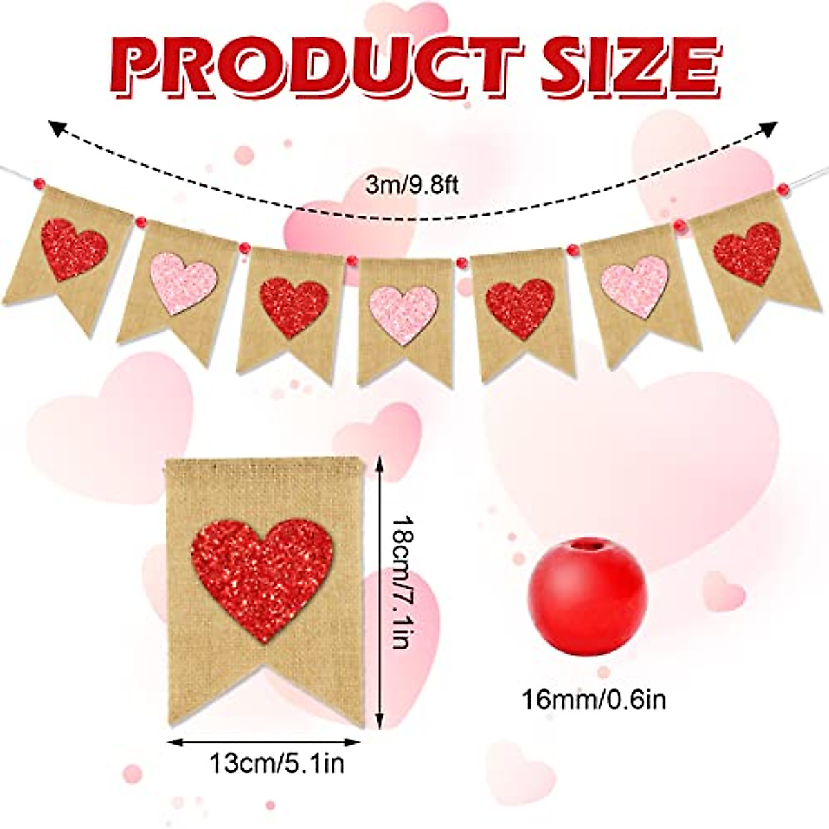 Whaline Valentine's Day Banner Glitter Heart Garland Burlap Banner with Wooden Beads Pre-Assembled Red Pink Heart Banner Fireplace Wall Hanging for Holiday Party Home Decoration