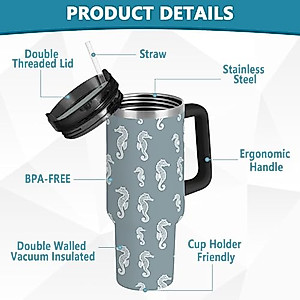 SDMKA 30oz Stainless Steel Tumbler with Straw and Handle, Vacuum Insulated Double-Walled Travel Mug, BPA-Free Leakproof Cup for Hot/Cold Beverages, Seahorses