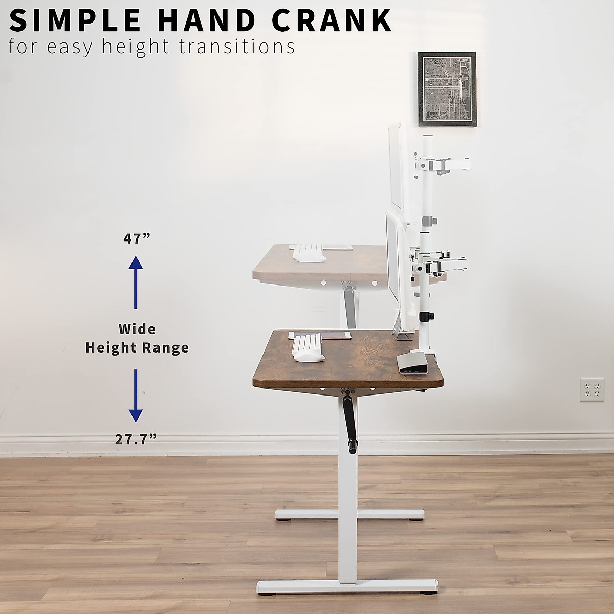 VIVO Compact Hand Crank Stand Up Desk Frame for 33 to 52 inch Table Tops, Ergonomic Standing Height Adjustable Base with Crank Handle, White, DESK-M051CW