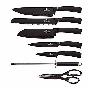 Berlinger Haus Kitchen Knife Set with Block, 8 Piece Knives Set for Kitchen, Cooking Knives with Kitchen Shears and Sharpener, Sharp Cutting Stainless Steel Chef Knife Set with Acrylic Stand, Black