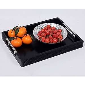 Serving Tray with Polished Metal Handles, 16.5''x12'' Rectangle Coffee Table Tray, Modern Decorative Tray, Large Ottoman Tray, Perfect for Storage and Display (Black)