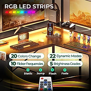 Huuger L Shaped Desk Gaming Desk with LED Lights & Power Outlets Nightstand with Charging Station